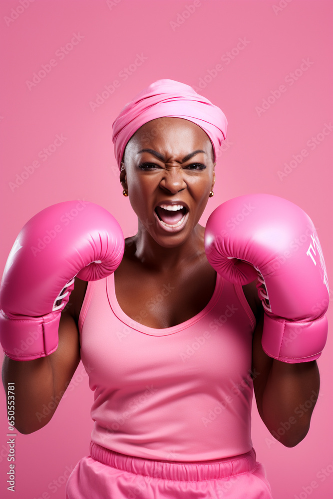 breast cancer awareness month: black woman in pink sports clothes ...