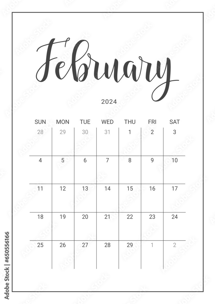 Vector Calendar Planner for February 2024. Handwritten lettering. Week ...