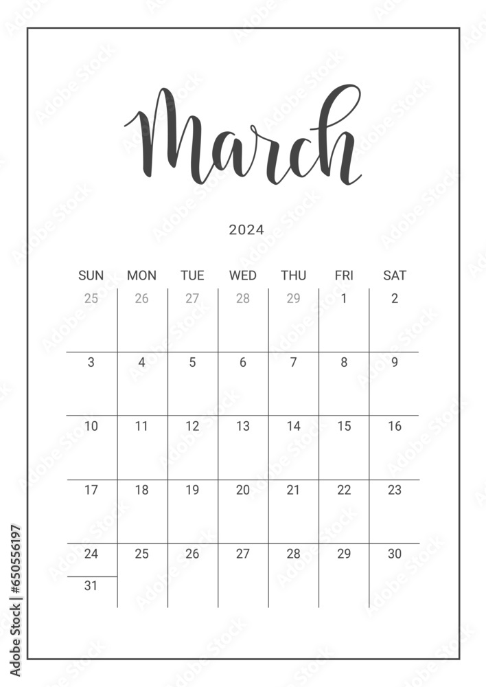Vector Calendar Planner for March 2024. Handwritten lettering. Week ...