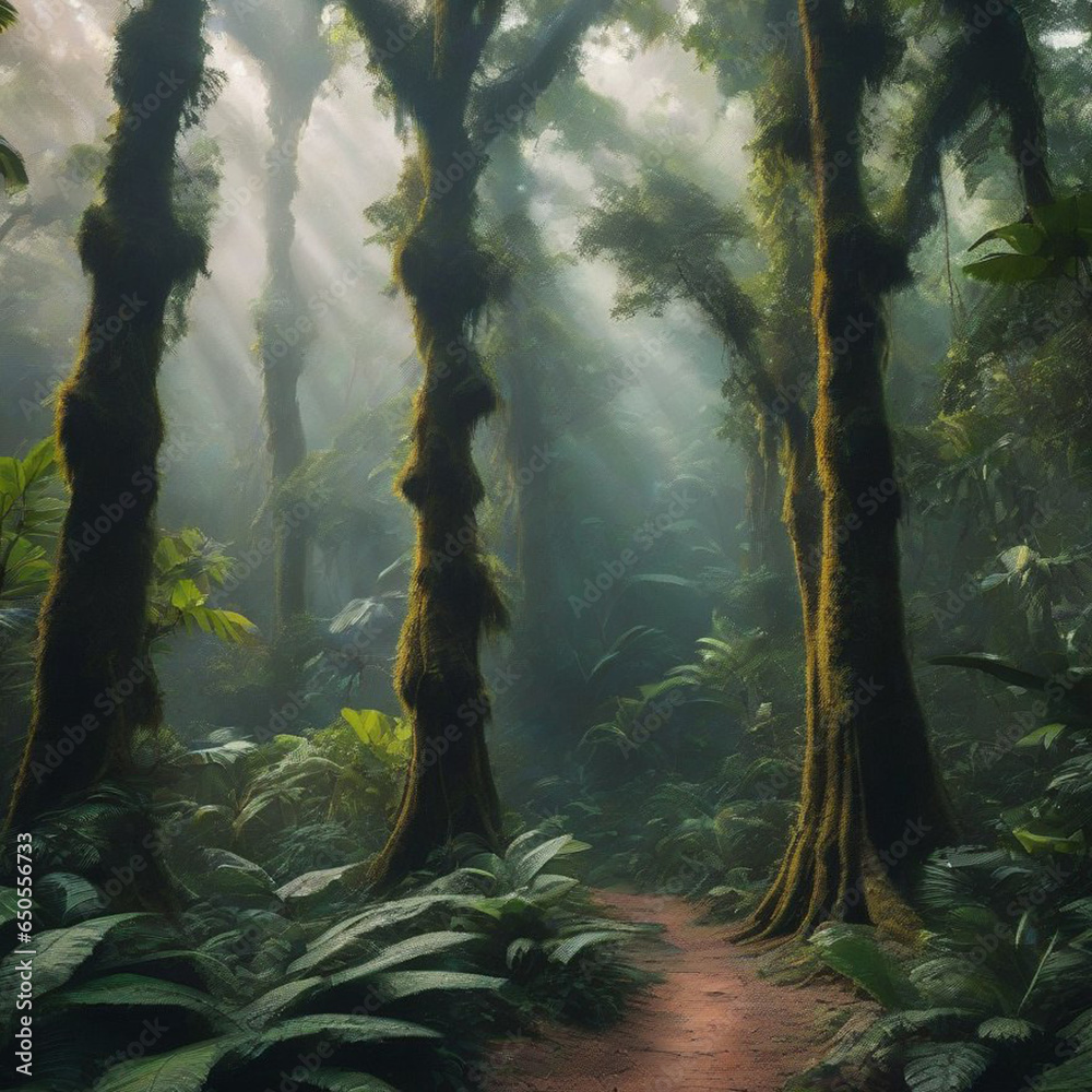 The deep jungle landscape captivates with its lush greenery, a symphony ...