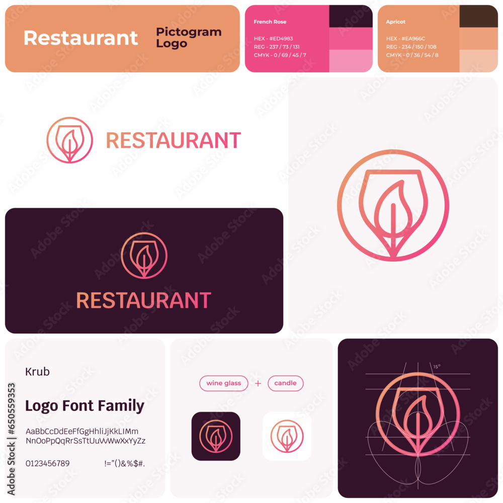 2D restaurant line business logo with brand name. Wineglass and candle ...