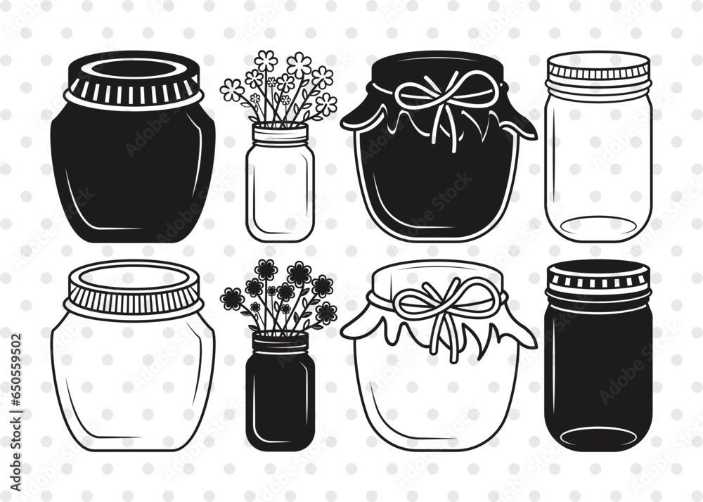 Mason Jars Silhouette, Mason Jars SVG, Glass Jar Svg, Floral Mason Jar ...