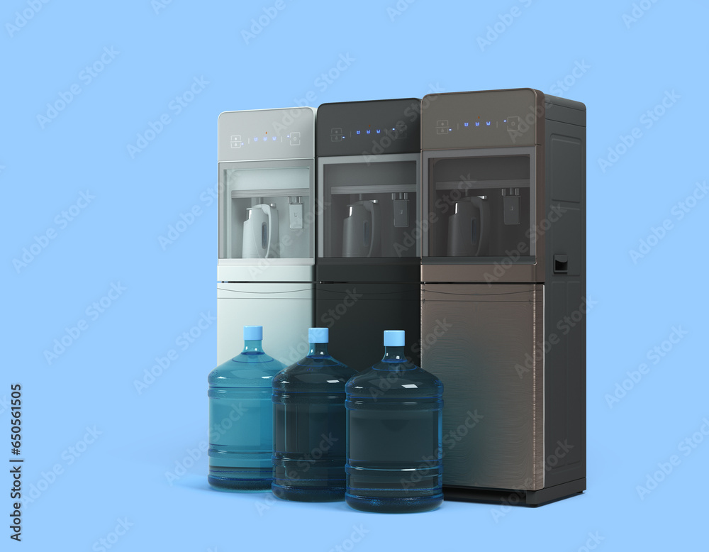 Modrn set of water cooler machine with whater bottels 3d render on blue ...