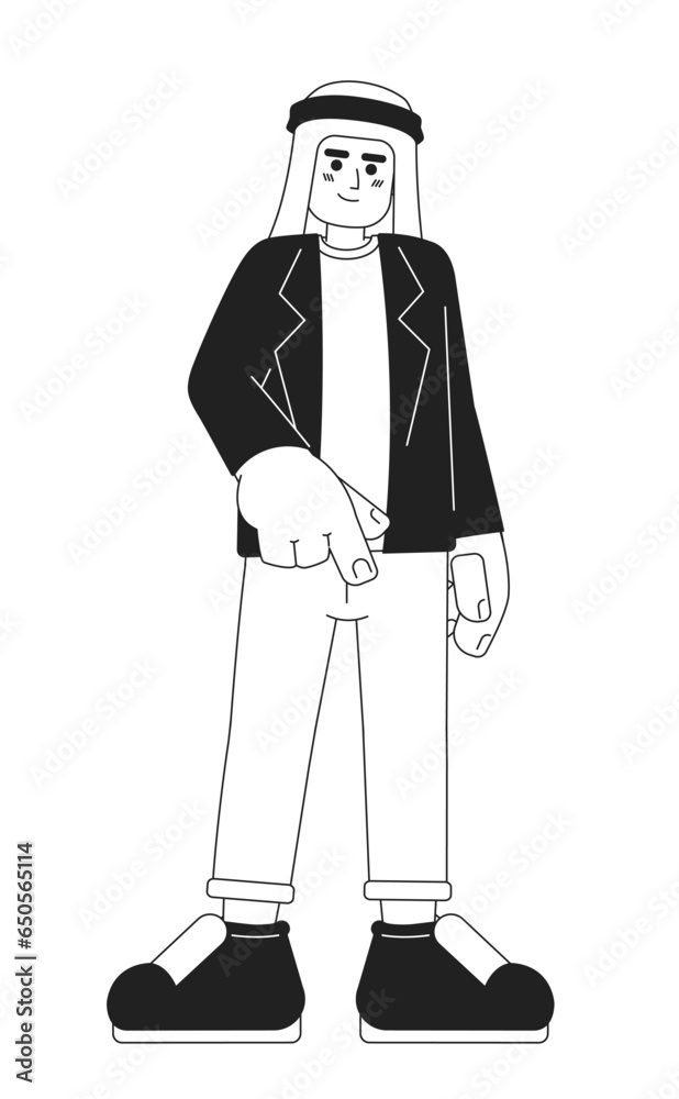 Young adult saudi man indicating direction black and white 2D cartoon ...