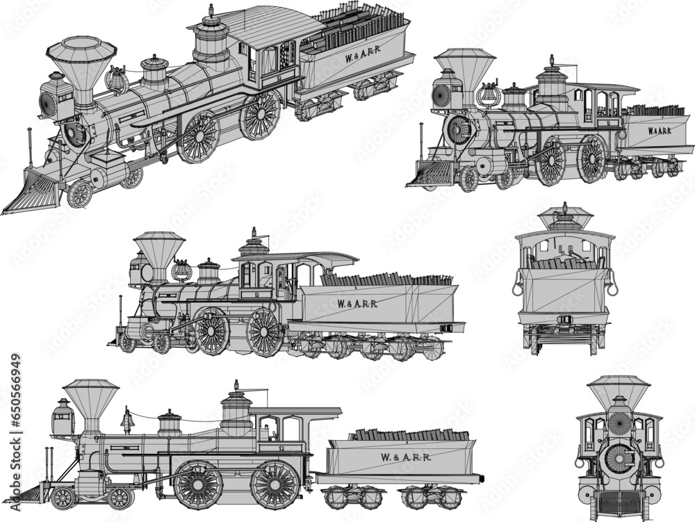 Vector sketch illustration of vintage classic old steam train vehicle ...