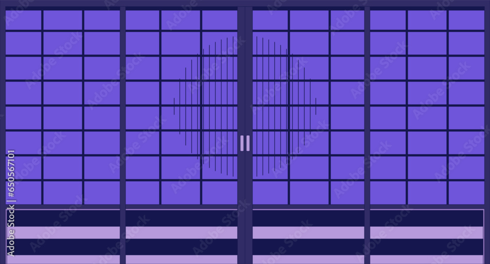 Traditional japanese doors with sun silhouette 2D cartoon background ...