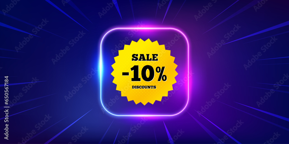 Sale 10 percent off banner. Neon light frame offer banner. Discount ...