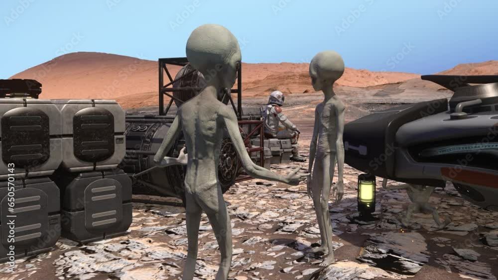 Aliens are repairing a space shuttle or spaceship on a planet similar ...