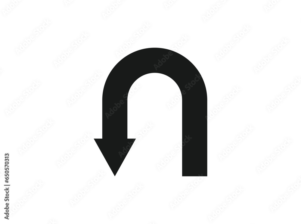 Black go back return arrow icon, simple vector u turn shape pointed ...