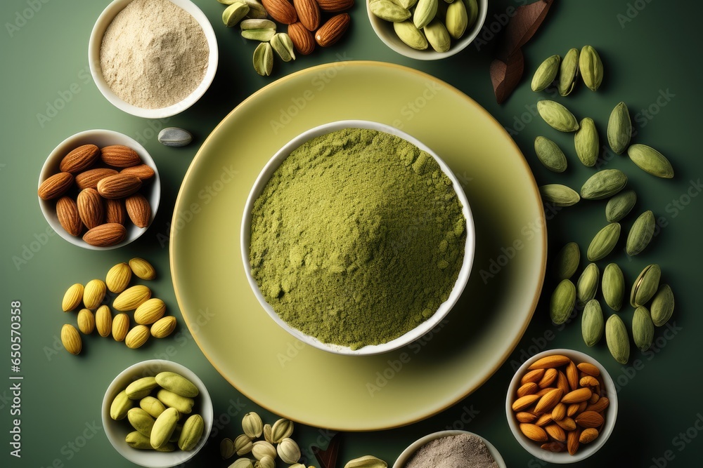 Matcha powder pistachios and dried apricot all together, Top view ...