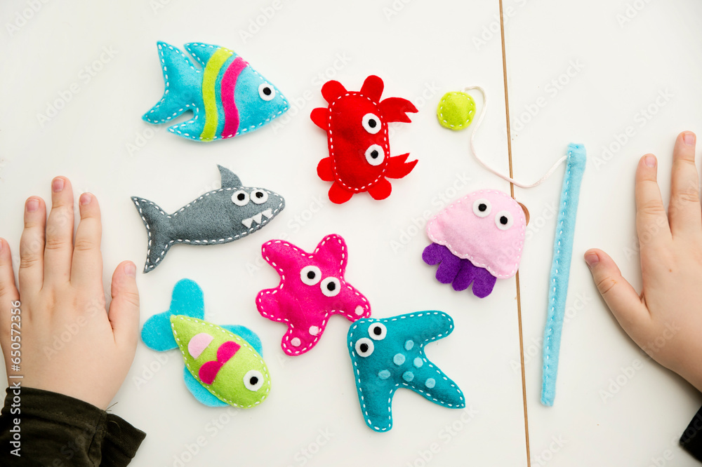 Hand made stuffed felt toy. Fishing rod with magnet and fishes or other ...