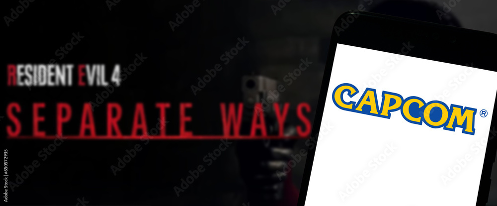 CAPCOM logo on smartphone with logo of DLC Resident Evil 4 (2023 ...