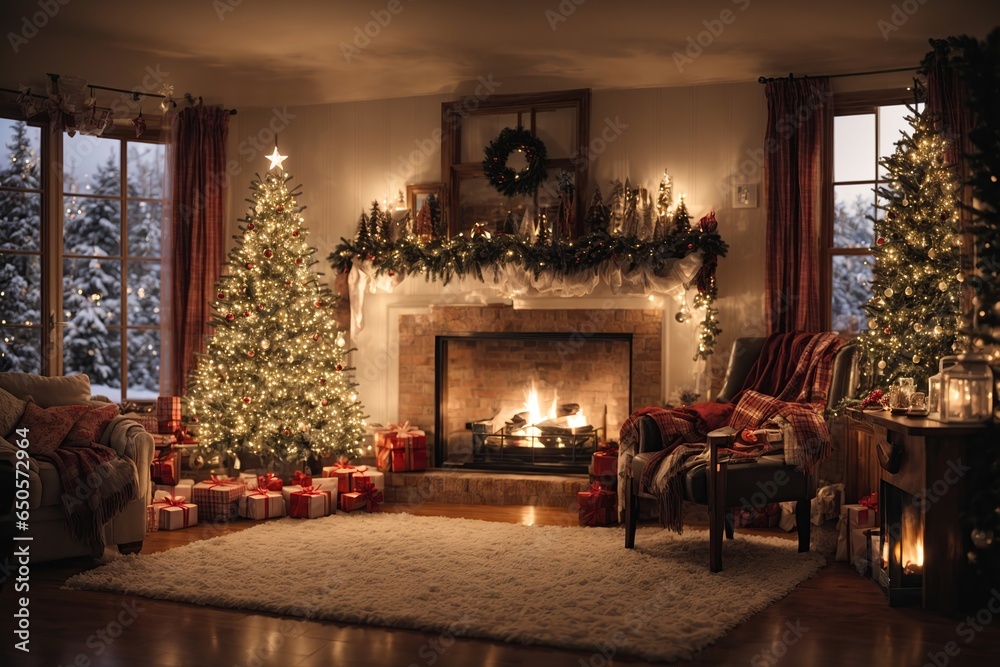 Christmas morning in a warm, snow-covered home with dazzling lights and ...
