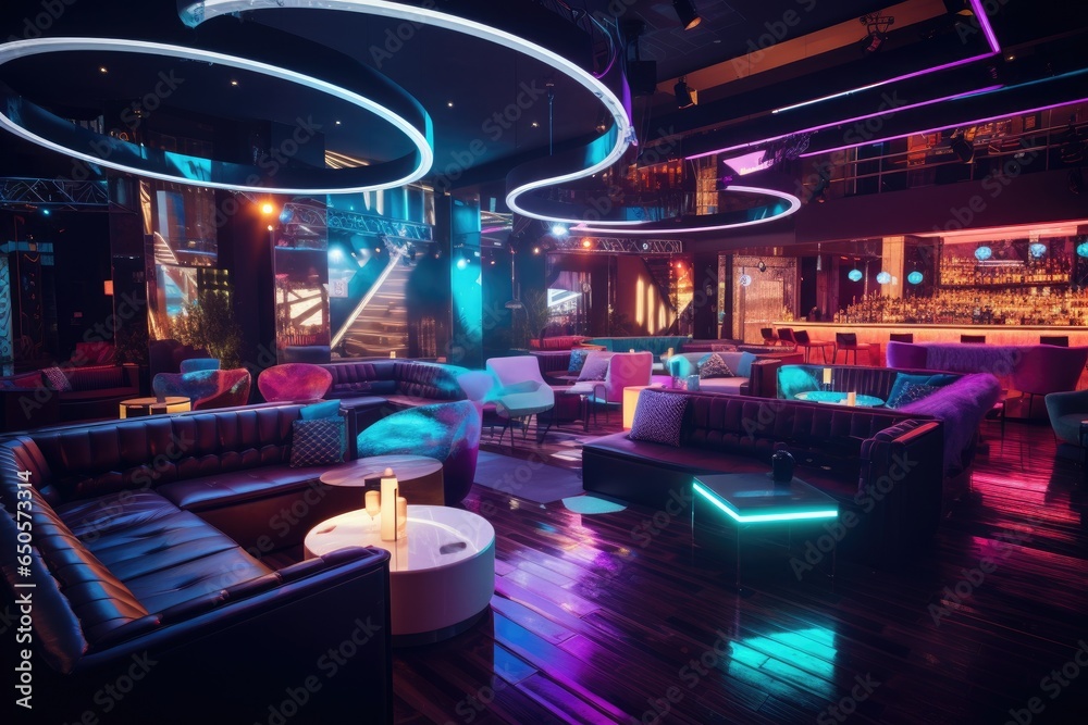 Interior of a beautiful night club with bright lights and sofas ...