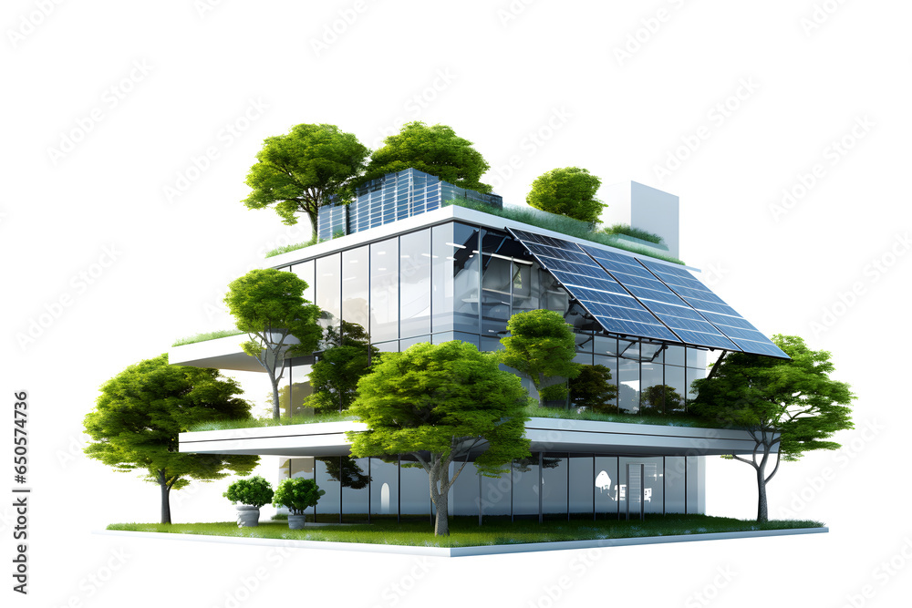 3D Modern building with sun solar panels energy on a roof, Eco-friendly ...