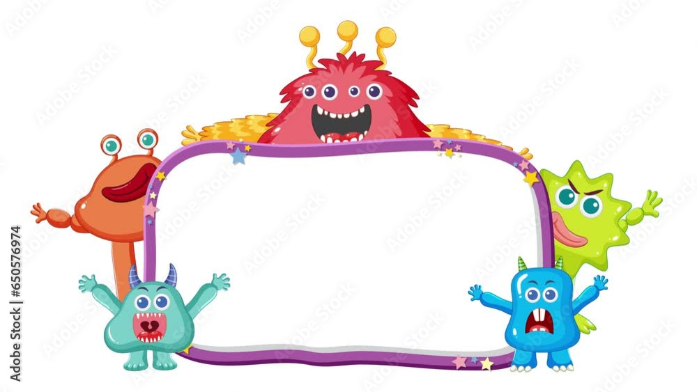 Cute alien monster friends cartoon character at black border frame ...
