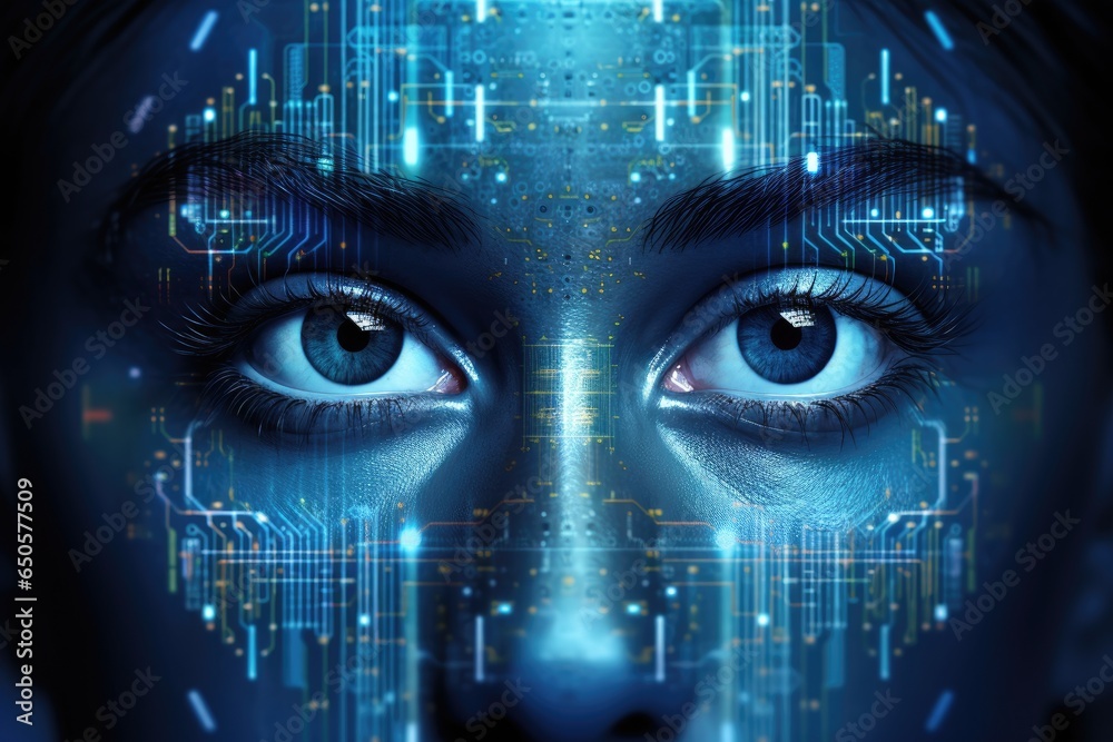 Close up of female eye with digital circuit on her face. Artificial ...