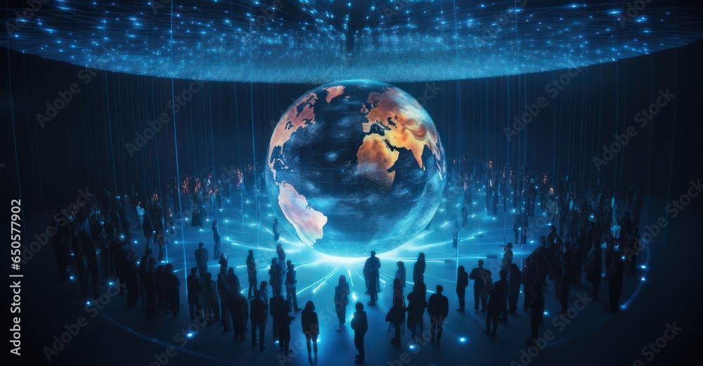 data points forming a 3D globe. Shadows of human figures leveraging ...