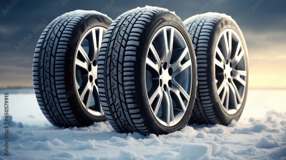 Wheels with winter tires on snow ready all difficult weather conditions ...