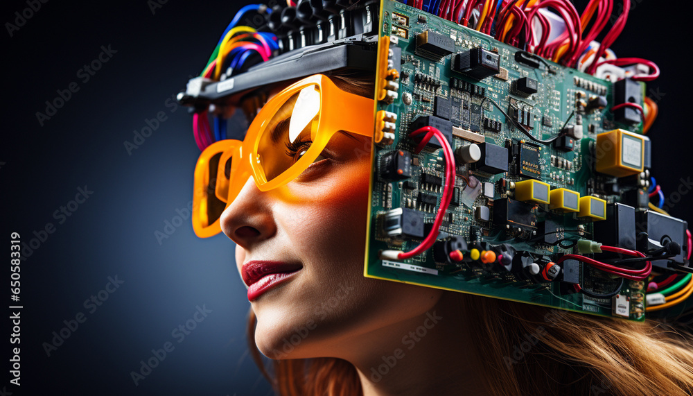 Portrait Girl computer geek. Concept artificial intelligence high tech ...