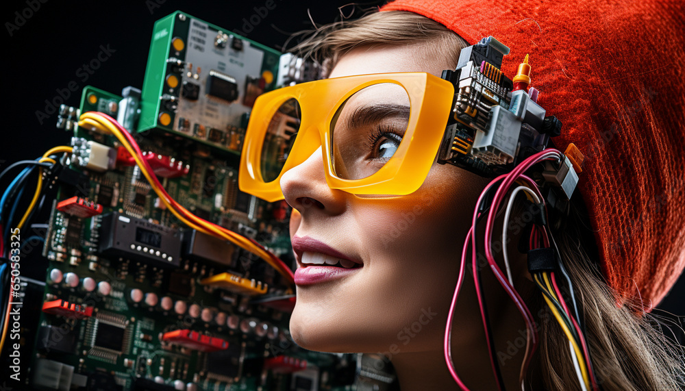 Portrait Girl computer geek. Concept artificial intelligence high tech ...