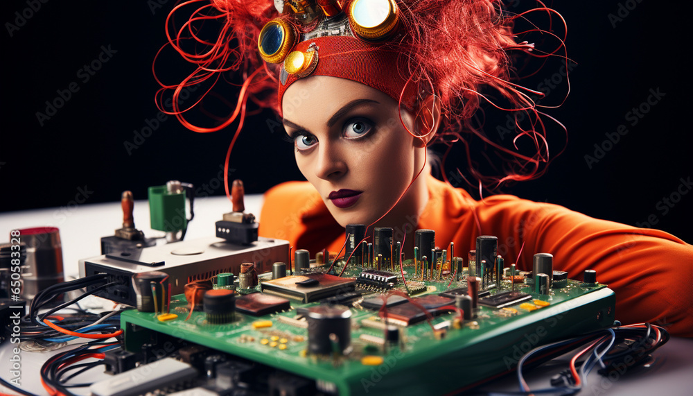 Portrait Girl computer geek. Concept artificial intelligence high tech ...