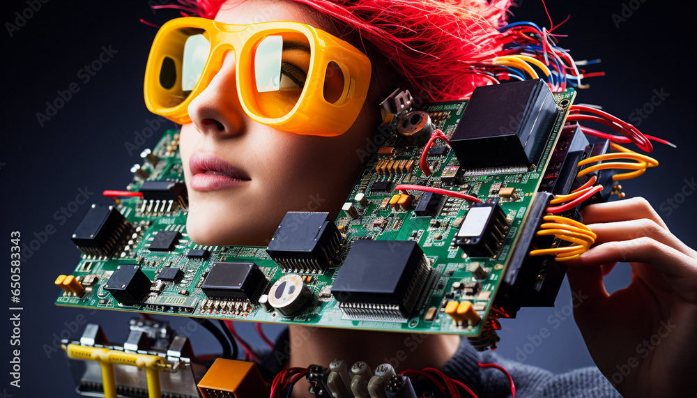 Portrait Girl computer geek. Concept artificial intelligence high tech ...