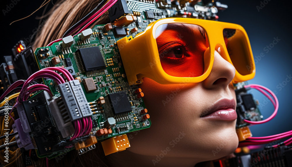 Portrait Girl computer geek. Concept artificial intelligence high tech ...