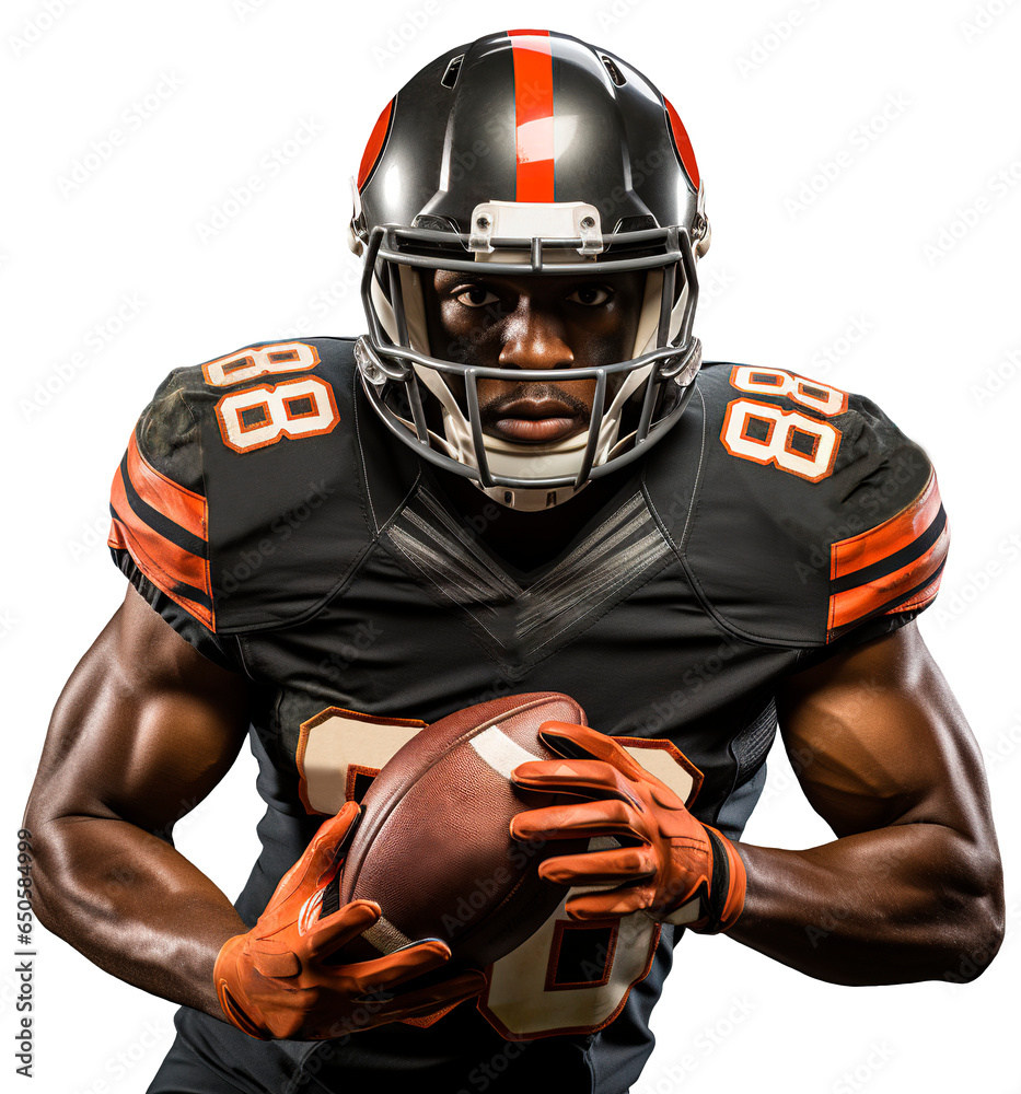 A black American football player in a black helmet with an orange ...