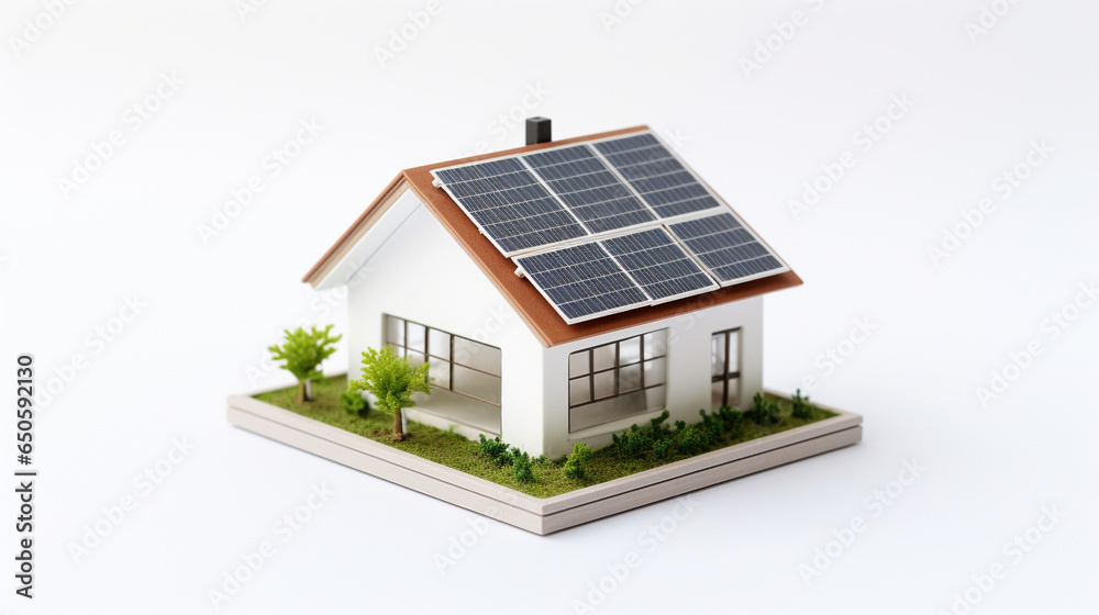 miniature house model with solar panel on roof on white background ...