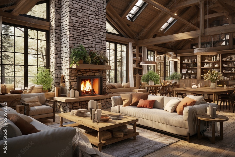 cozy warm home interior of a chic country house with an open plan, wood ...