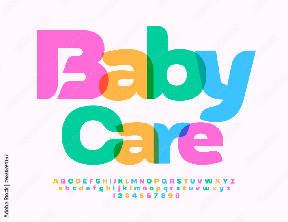 Vector creative Emblem Baby Care. Kids Watercolor Font. Bright Alphabet Letters, Numbers and ...
