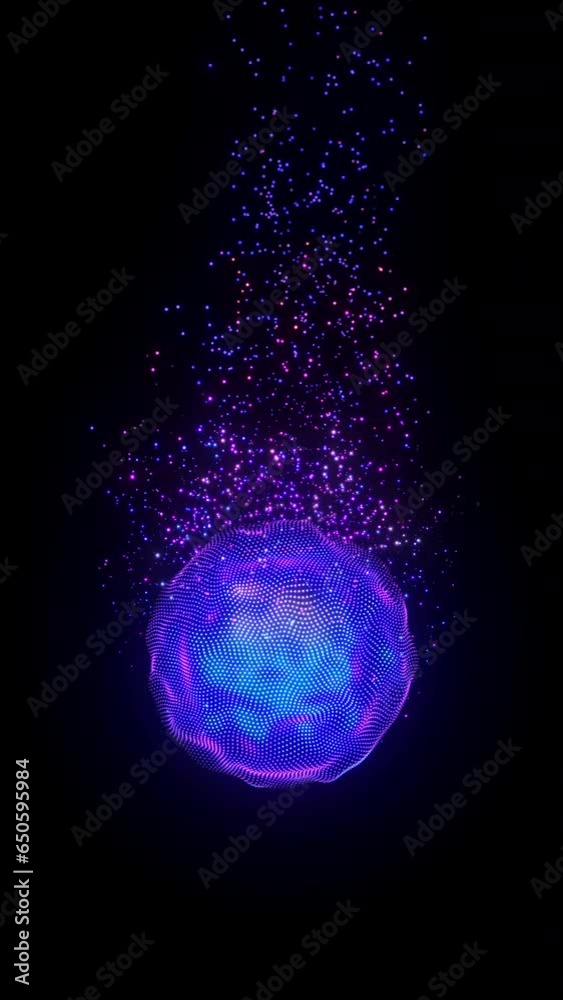 Blue wavy 3D sphere made of neon moving particles with radioactive glow ...