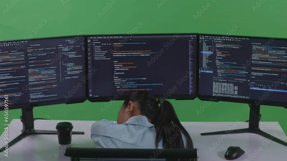 Back View Of Tired Asian Woman Developer Sleeping While Write Code With Multiple Computer ...