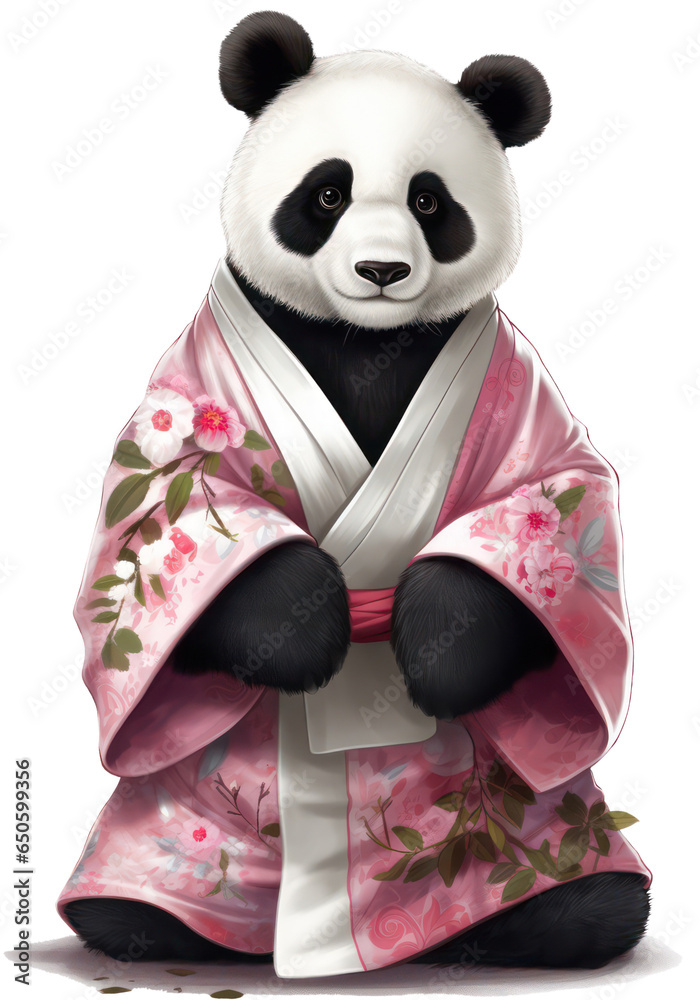 Panda in pink kimono with flowers, Japanese culture illustration ...