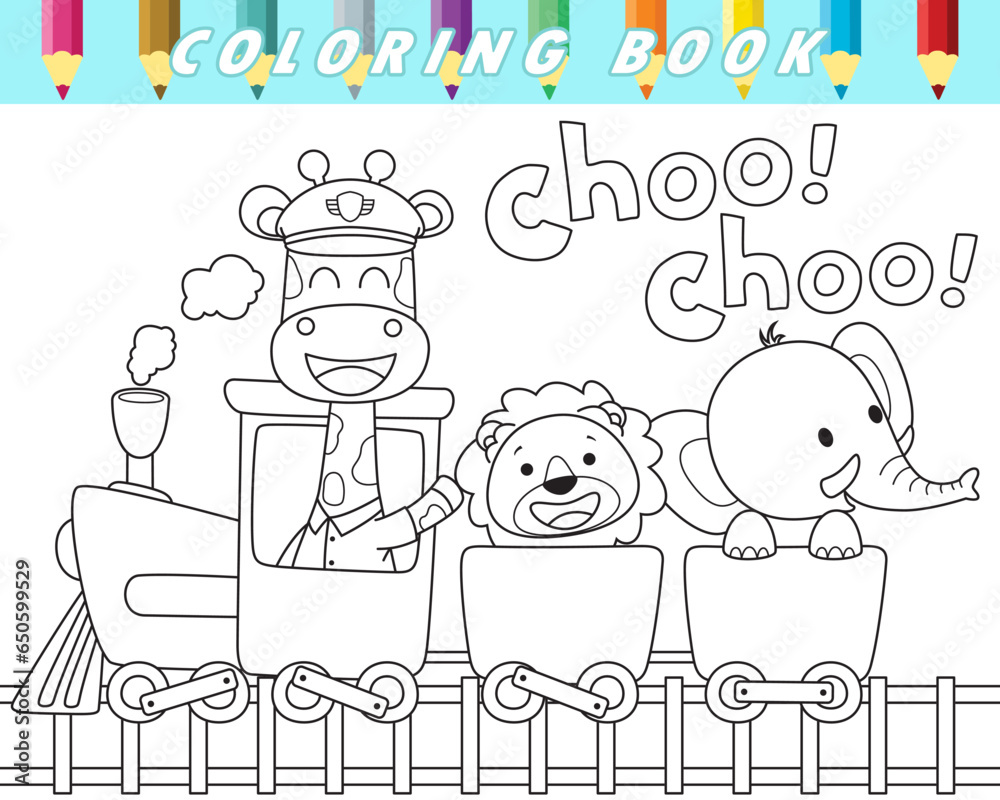 Coloring book of cute animals on steam train. Vector cartoon ...