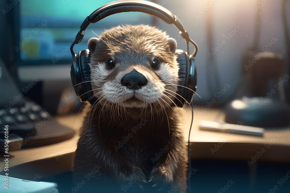 Cute otter listen to music using headphones Created with Generative AI ...