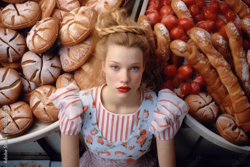 Blonde smiling bakery in front of fresh pastries. Woman wears uniforme ...