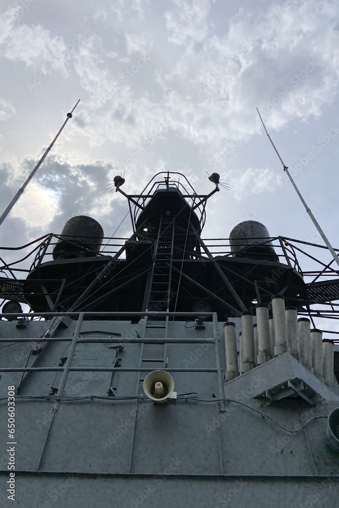 Outside details of retired vintage military naval sea vessel navy ...