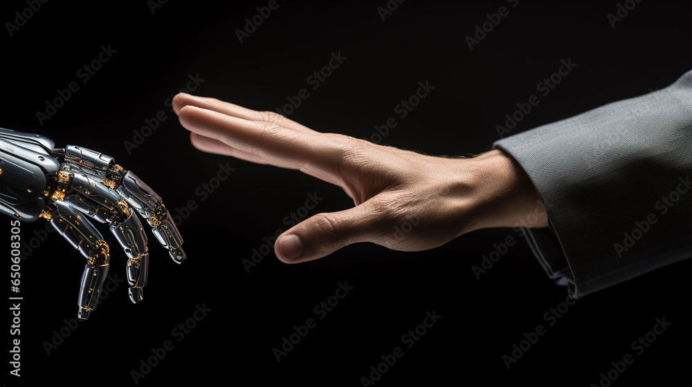 A human hand and a robot hand reaching towards each other, illustrating ...