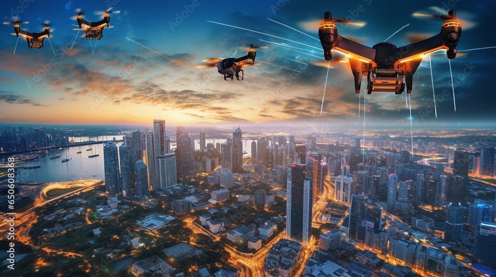 A futuristic cityscape with AI-controlled drones flying overhead ... A futuristic cityscape with AI-controlled drones flying overhead ...