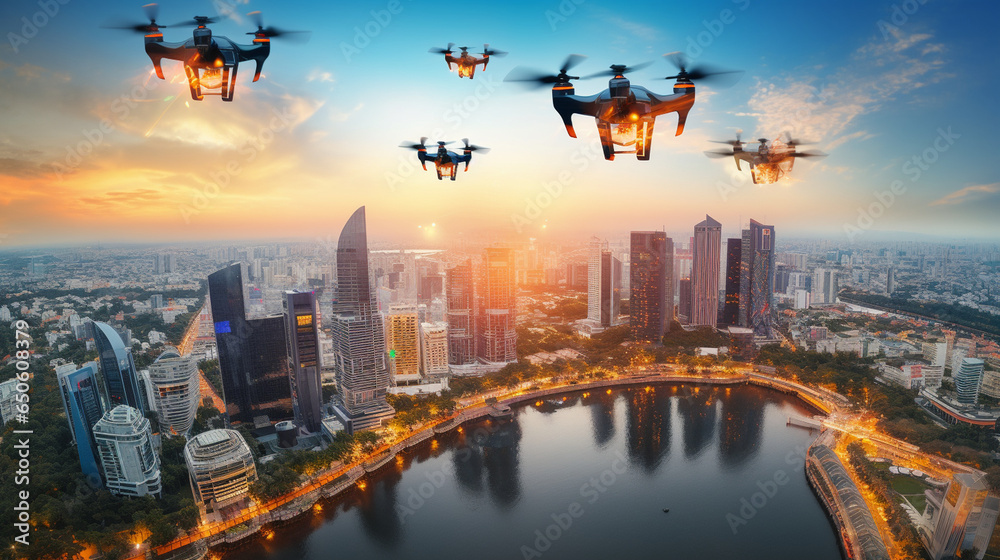 A futuristic cityscape with AI-controlled drones flying overhead ...