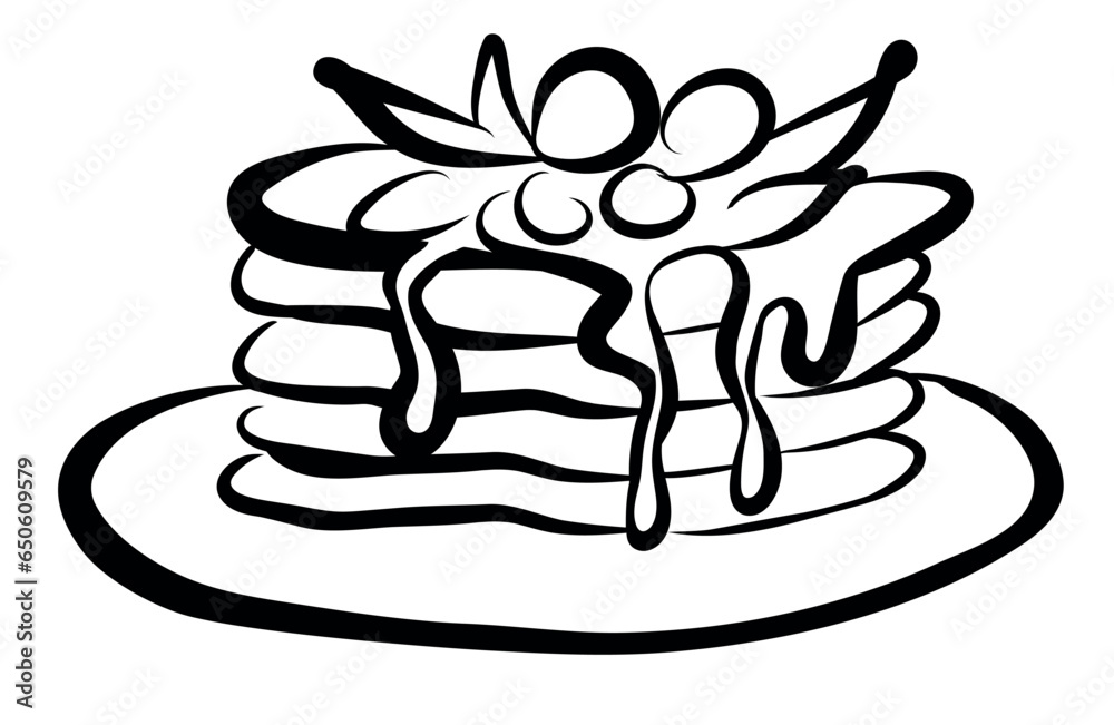Hand drawn Outline Pancakes with mint leaf and berries on plate ...