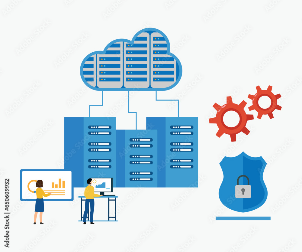 Cloud server data analysis administrators working in a server lab 2d ...