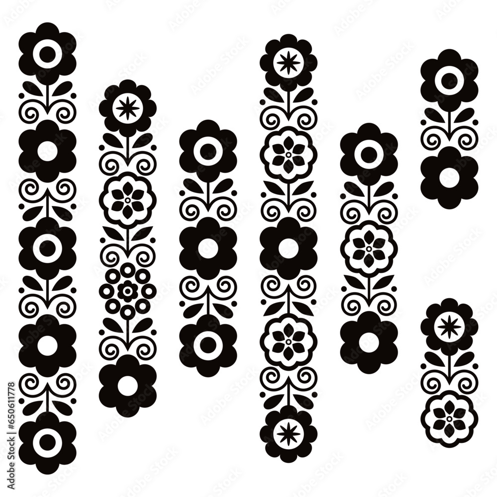 Polish retro folk art vector long vertical design elements set inspired ...