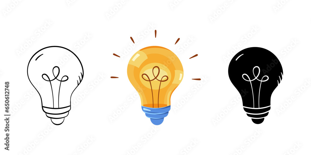 Bulb light set in cartoon style, vector illustration. Hand drawn idea ...