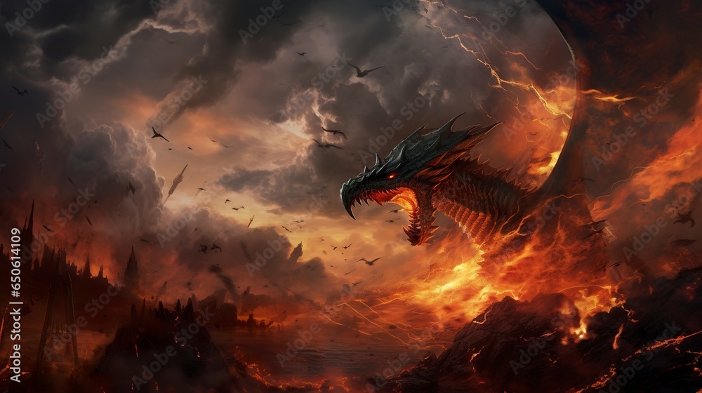 In an epic catastrophe, an enraged dragon with open wings wreaks havoc ...