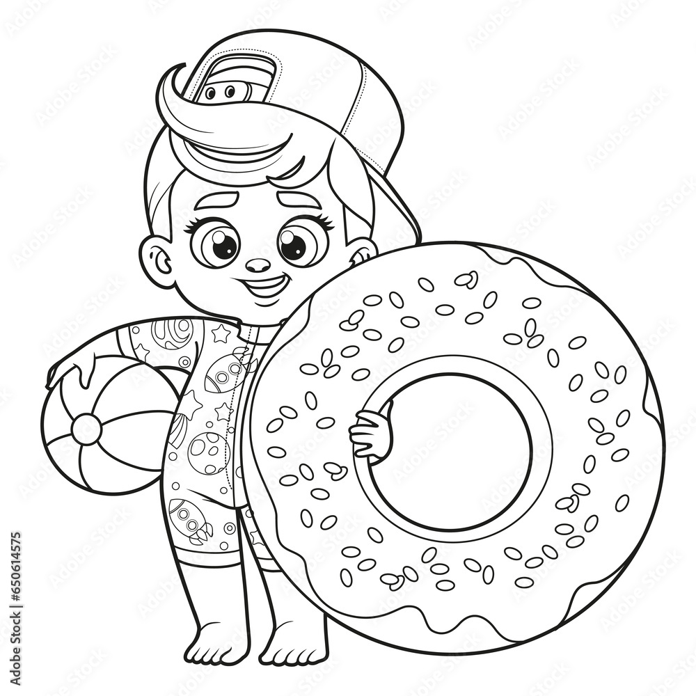 Cute cartoon boy in a swimsuit with donut inflatable ring for swimming ...