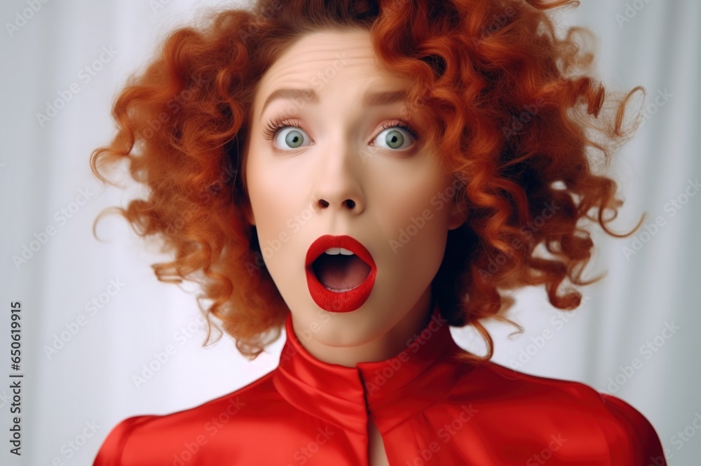 Shocked and surprised girl screams, Woman with curly hair is amazed ... Shocked and surprised girl screams, Woman with curly hair is amazed ...