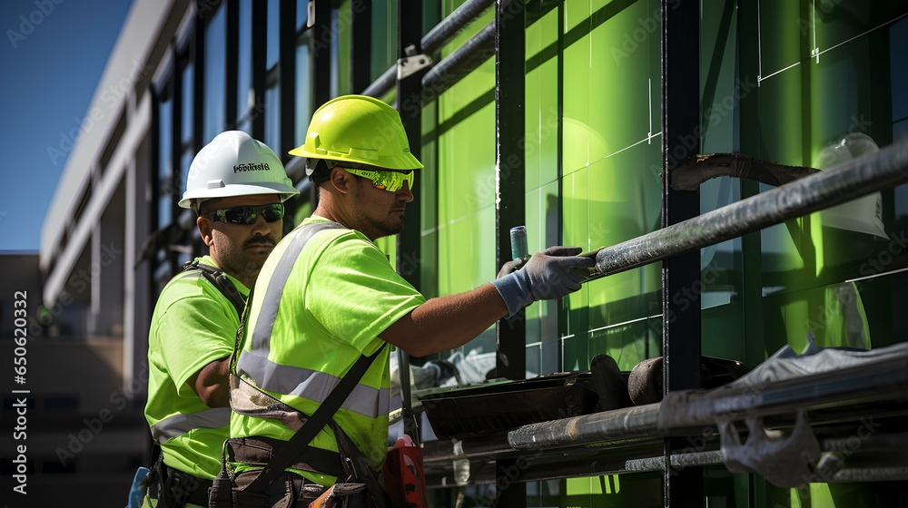 construction workers installing green, energy-efficient solutions on a ...
